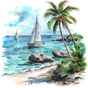 JPEG Watercolor Tropical Beach With a Boat Clipart Bundle Instant ...