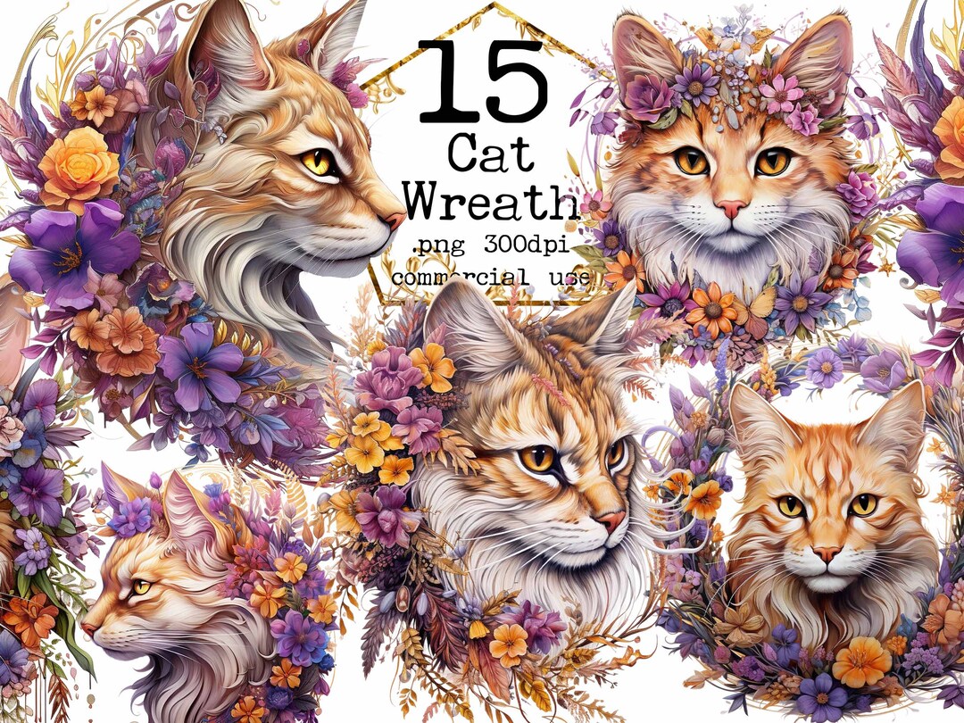 PNG Watercolor Floral Cat Clipart Bundle Cat Wreath PNG Clipart Floral ...
