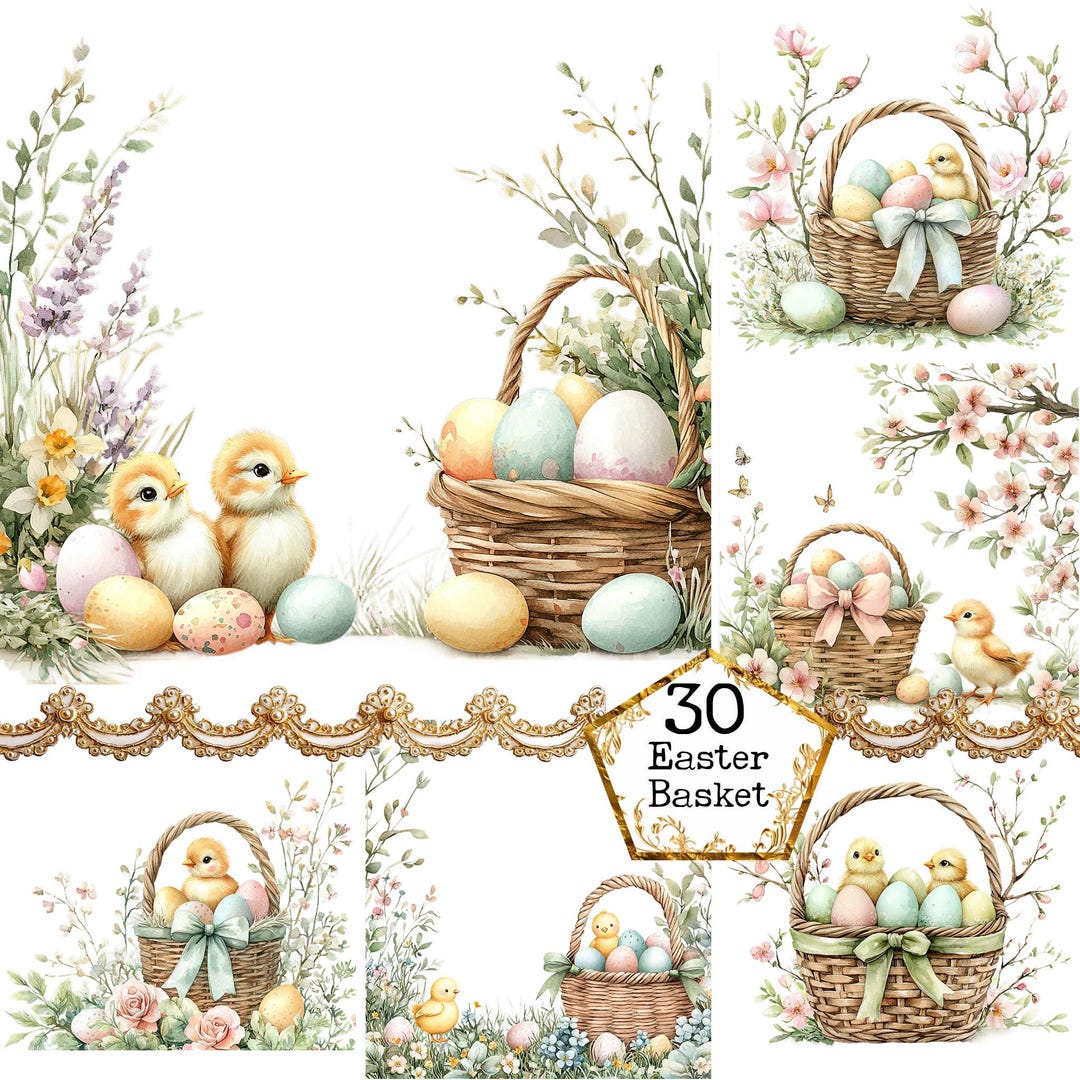 PNG + JPEG Watercolor Easter Chick Baskets Clipart Bundle Spring Basket ...