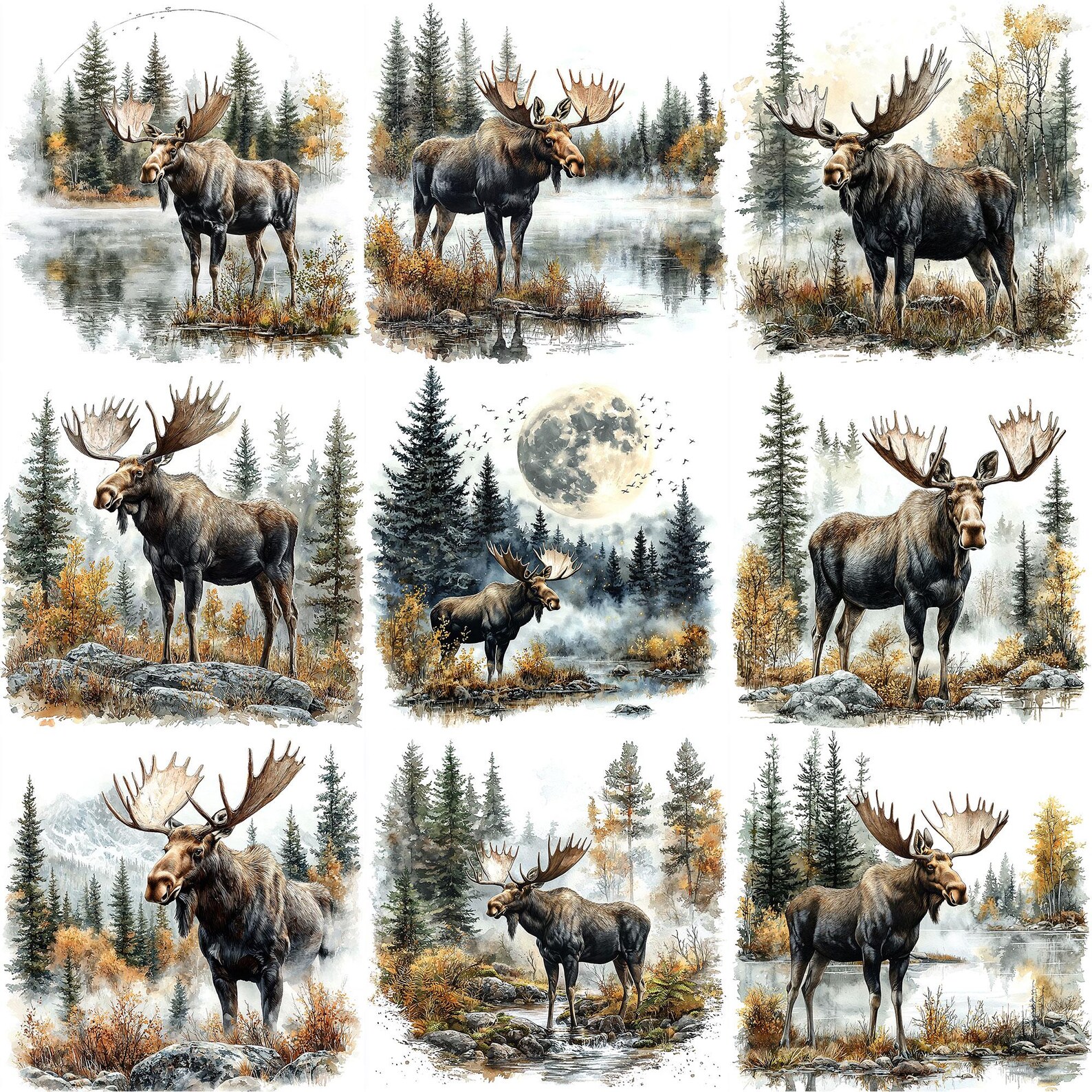JPEG Watercolor Moose Clipart Bundle Forest Clipart Woodland Art ...