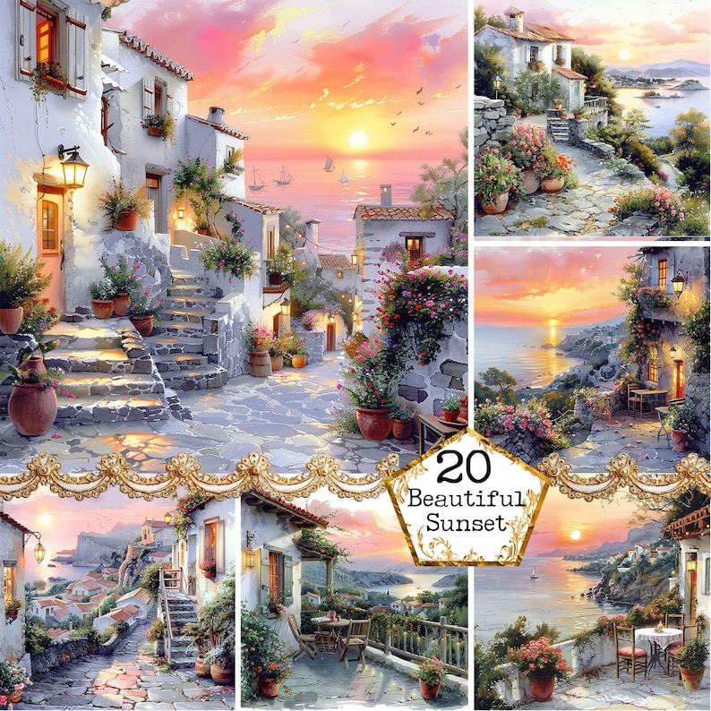 Watercolor Cottage Sunset JPEG Instant Download Balcony Clipart Shabby ...