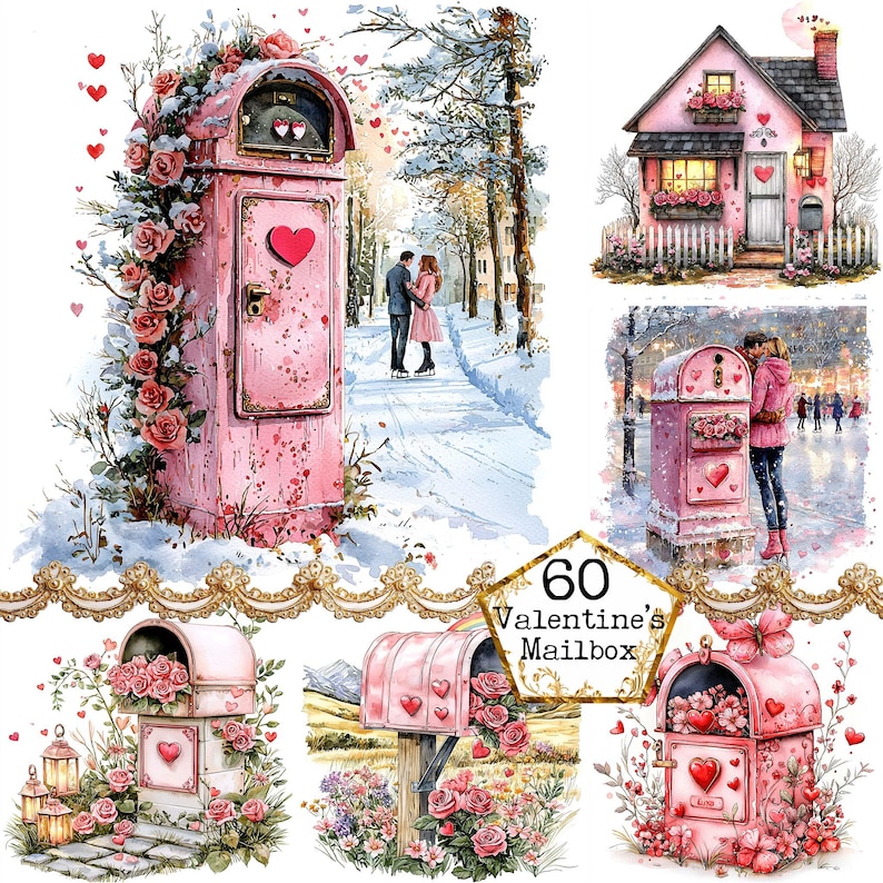 JPEG Postbox for Love Letters Clipart Bundle Pink Mailbox Clipart Valentine's Clipart Instant ...