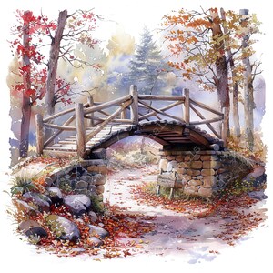 Watercolor Autumn Bridge Clipart Bundle JPEG Landscape Scenery Autumn ...