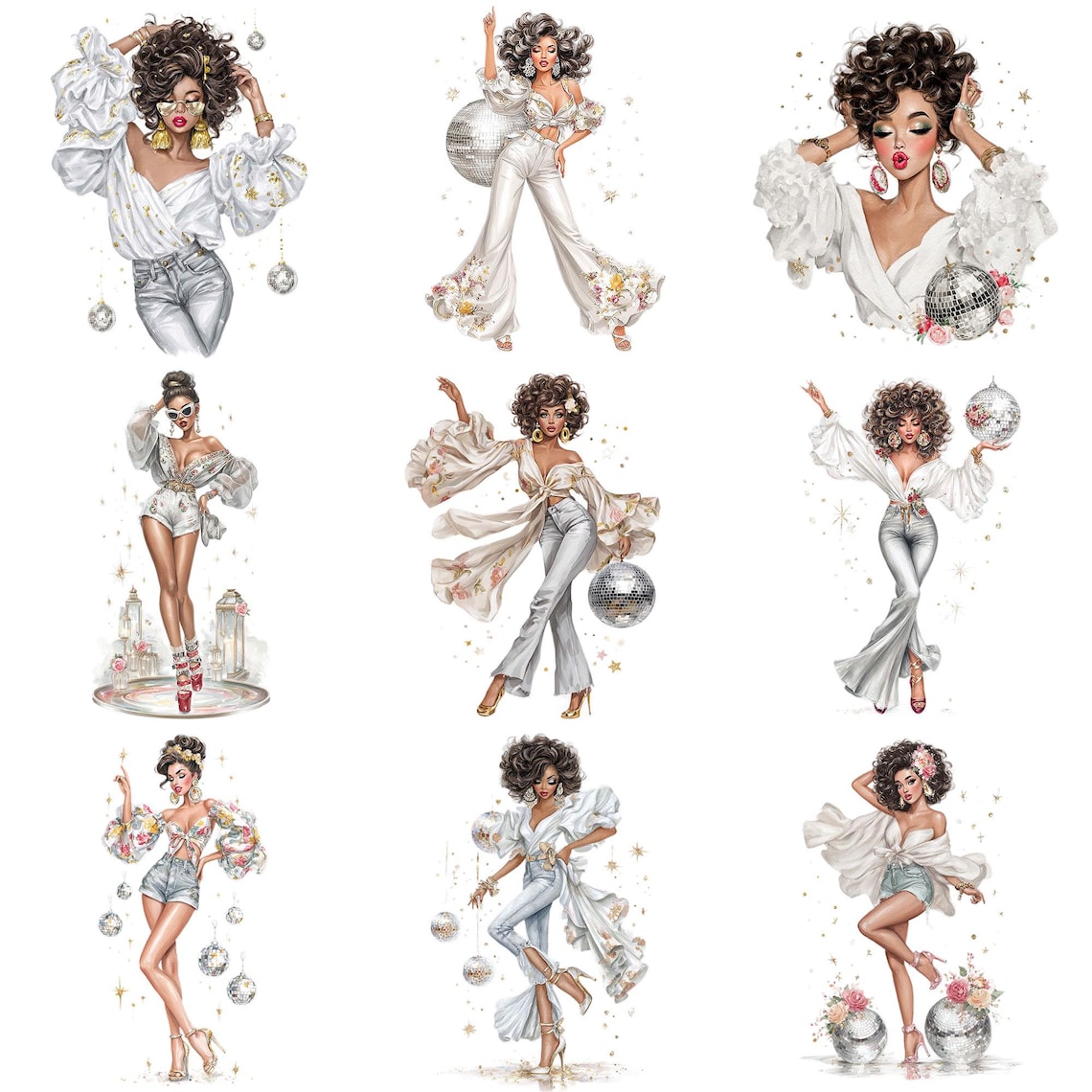 20 Disco Girl - Watercolor Clipart Bundle PNG + JPEG Format Paper ...