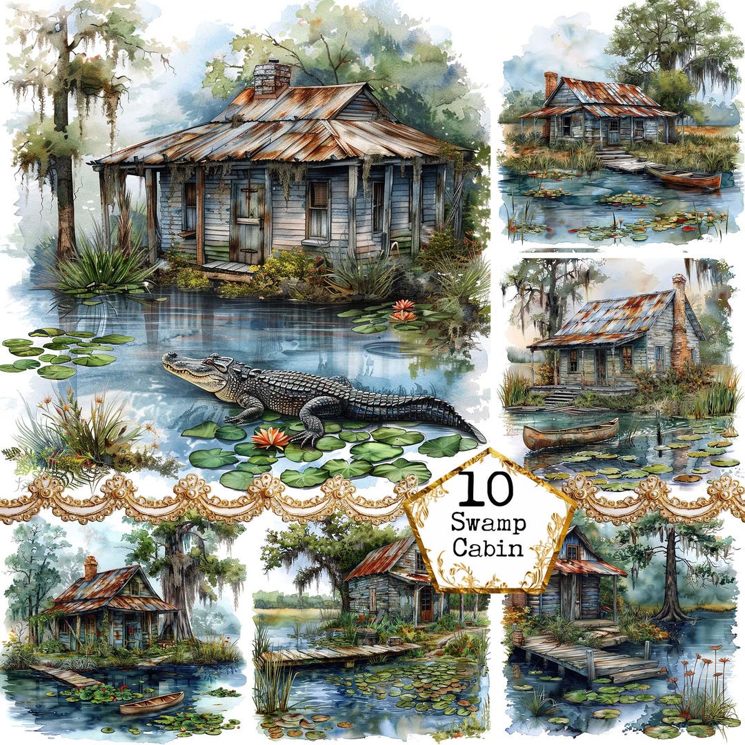 JPEG Watercolor Crocodile in a Swamp and a Cabin Clipart Bundle JPEG ...