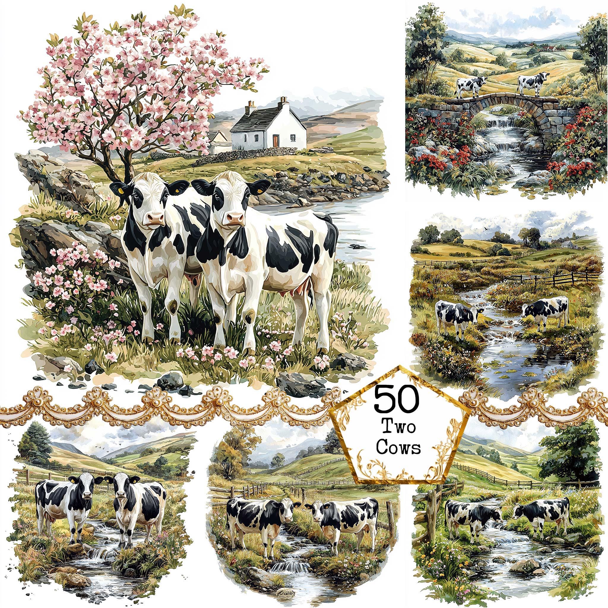 JPEG Watercolor Cows and Landscape Graphics Farmland Cottagecore ...