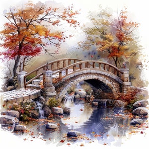 Watercolor Autumn Bridge Clipart Bundle JPEG Landscape Scenery Autumn ...