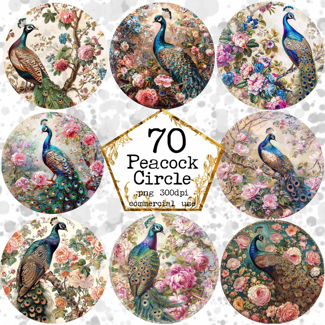 Watercolor Vintage Peacock Circular Sublimation Design Clipart Floral ...