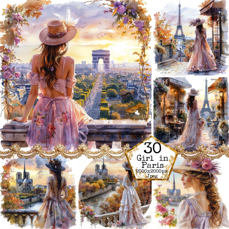 Vintage Girl in Paris Clipart Bundle Commercial JPEG France Clipart ...