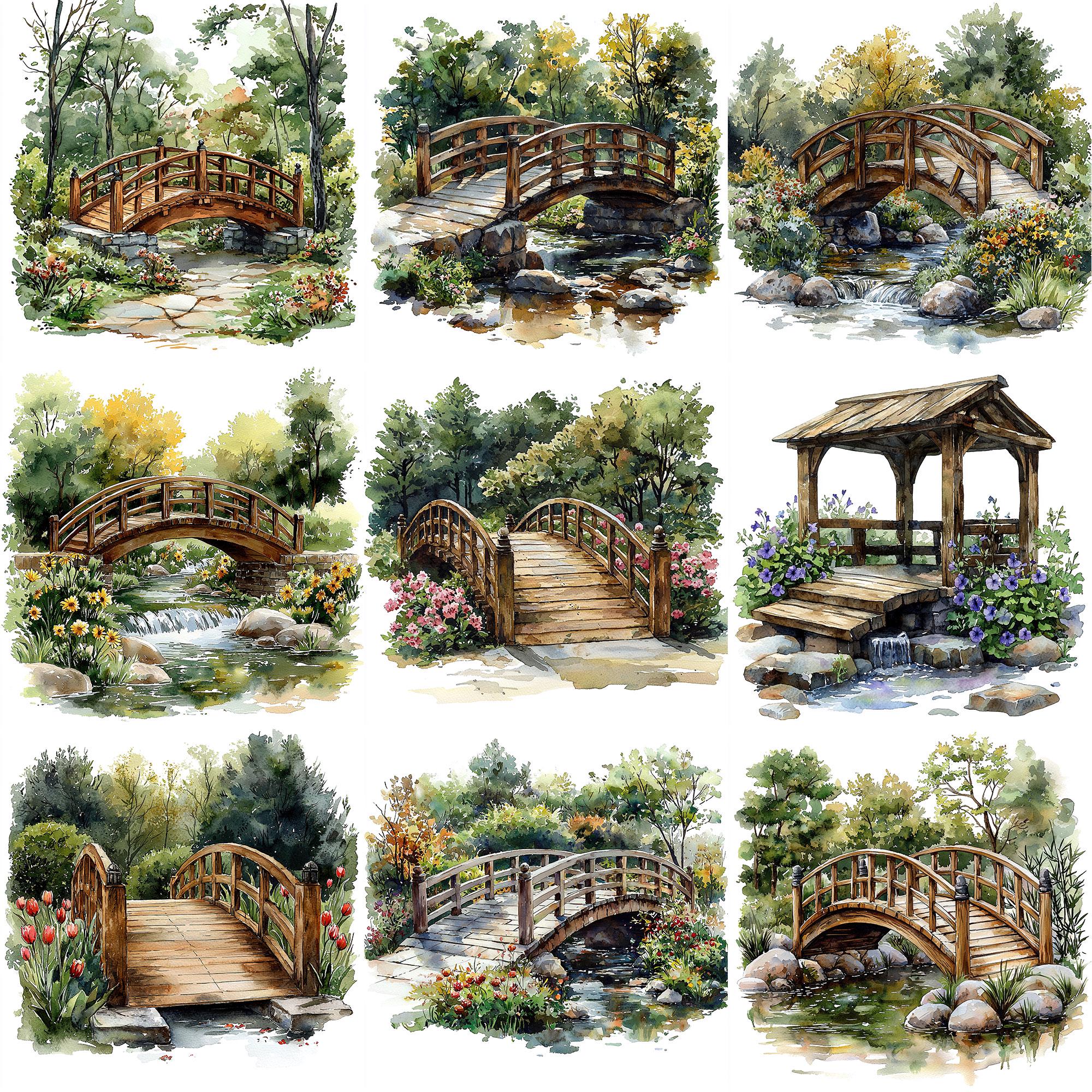 JPEG Watercolor Spring Bridges Clipart Bundle Spring Clipart Floral ...