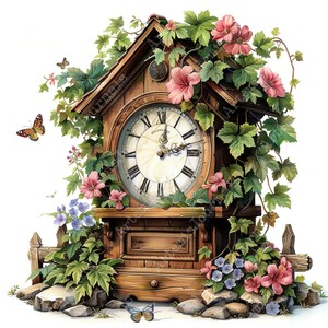 JPEG Vintage Overgrown Garden Clock Jpeg Floral Clock Vintage Clipart ...