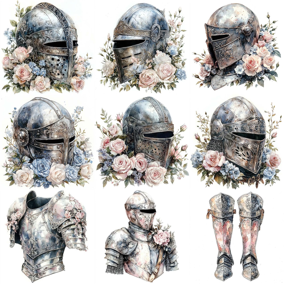 JPEG Watercolor Floral Knights Armor Clipart Bundle Medieval Knight ...