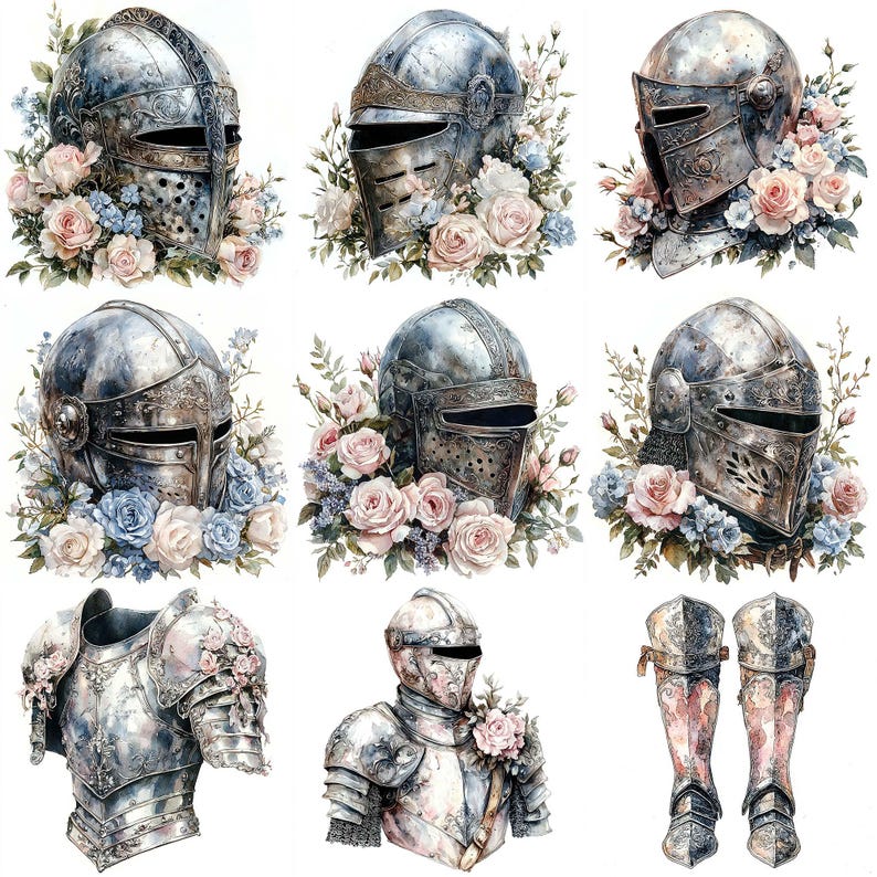 JPEG Watercolor Floral Knights Armor Clipart Bundle Medieval Knight ...