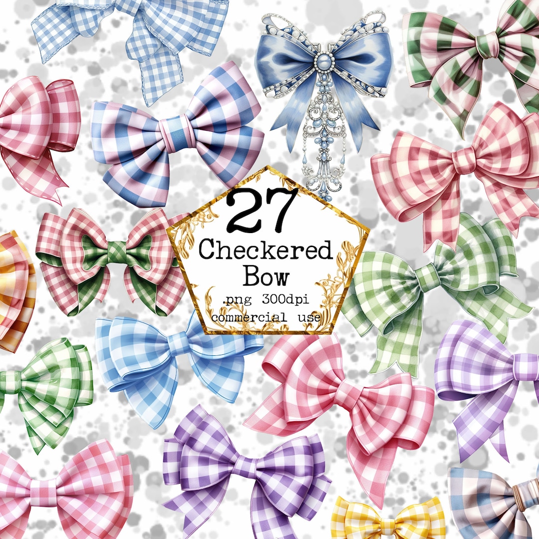 Watercolor Checkered Bow Clipart Bundle PNG Pastel Bow PNG Commercial ...