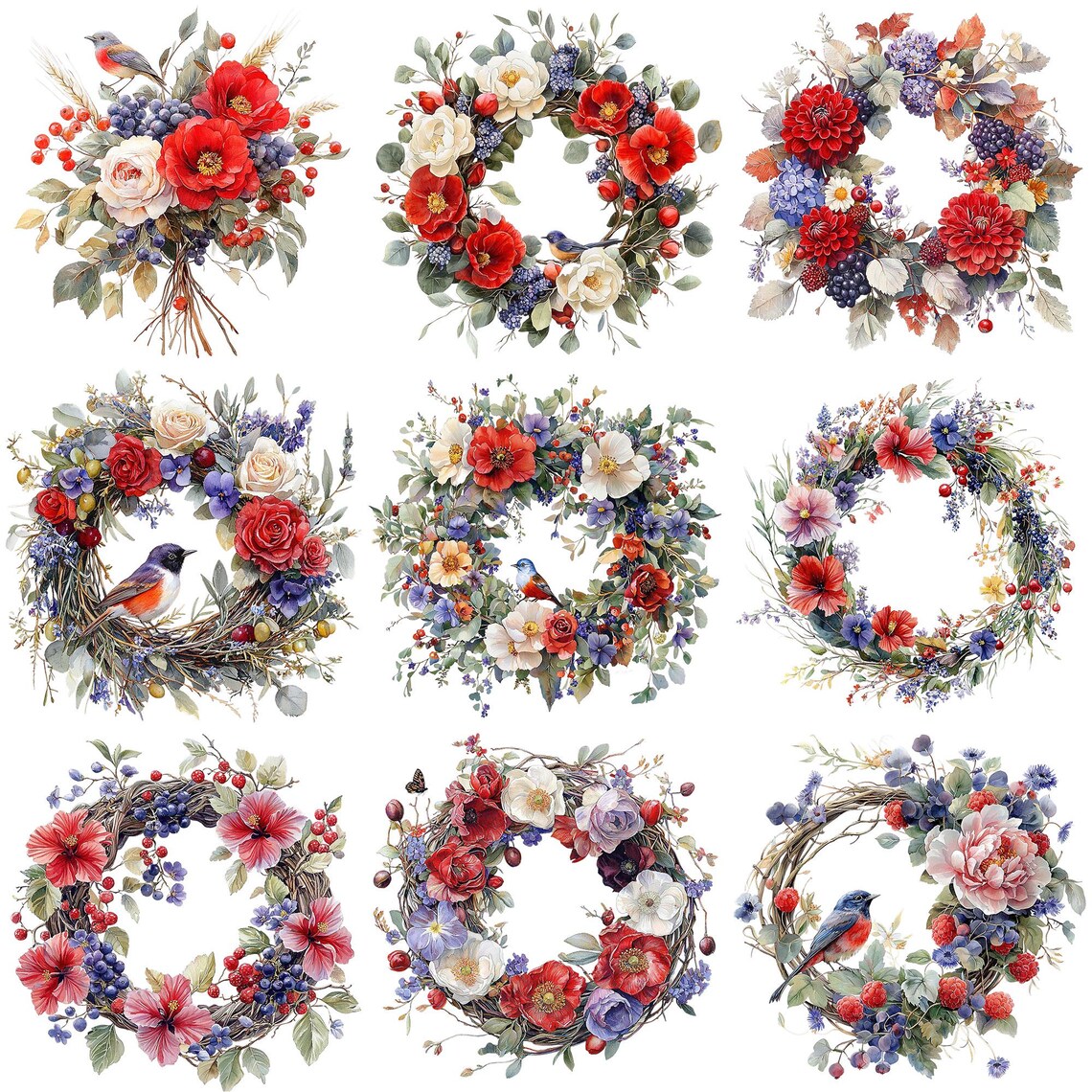 PNG + JPEG Watercolor Bird Wreath Clipart Bundle Spring Clipart Floral ...