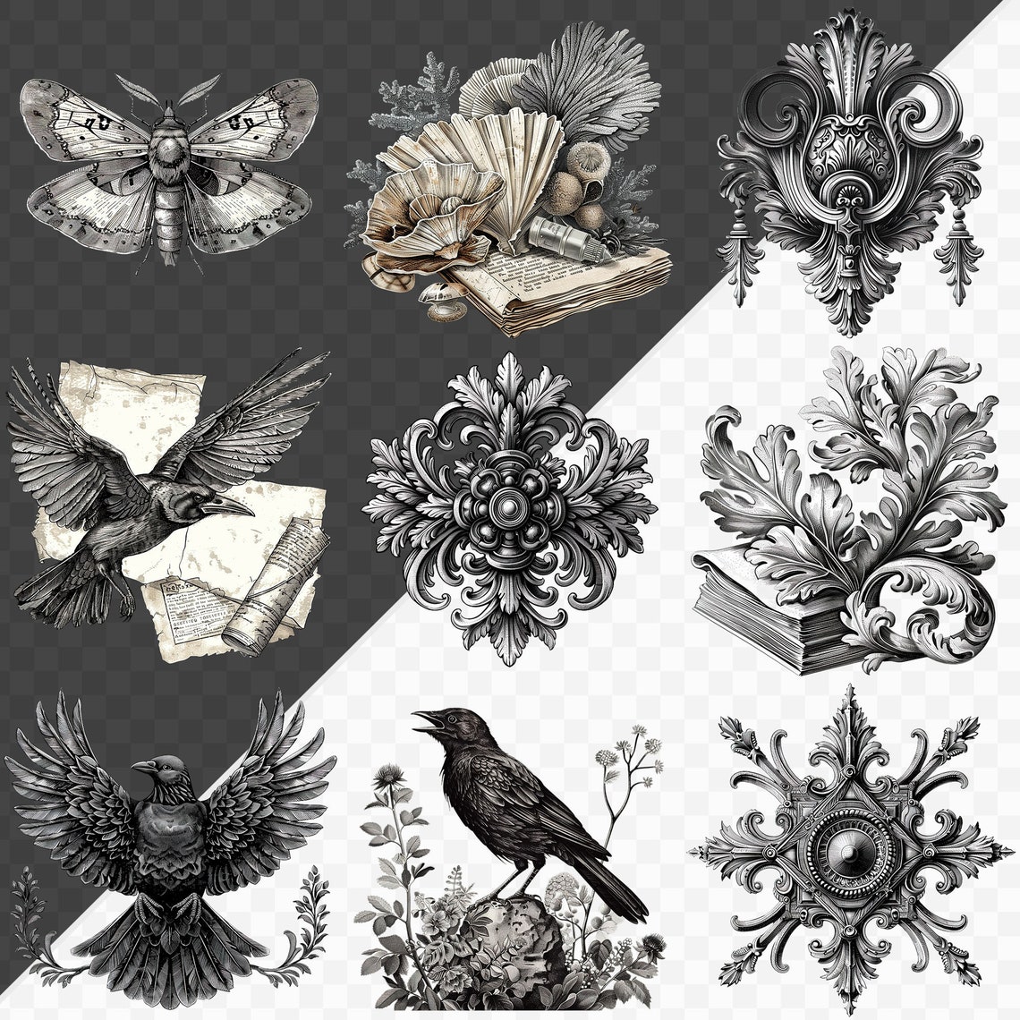 PNG BIG Vintage Ephemera Clipart Bundle Monochromatic Clipart ...