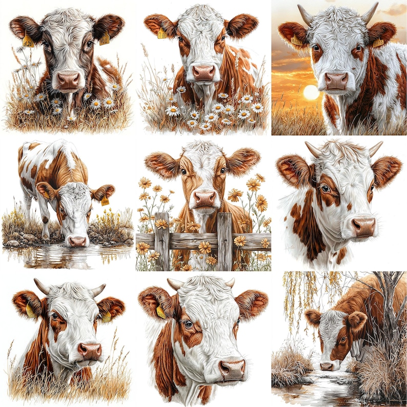 JPEG Watercolor Farmyard Cow Clipart Bundle Cottage Core Farm Land Farm ...