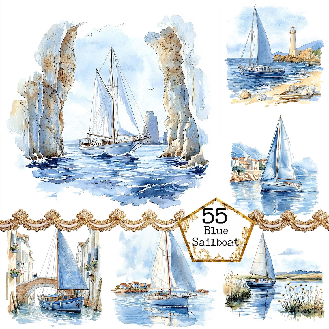 JPEG Watercolor Sailing Boat in the Sea JPEG Sailing Clipart Nautical ...