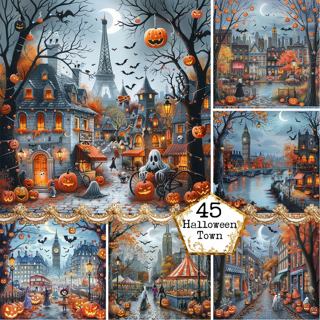 JPEG Whimsical Halloween Spooky Town Backgrounds Graphics Paris Rome ...