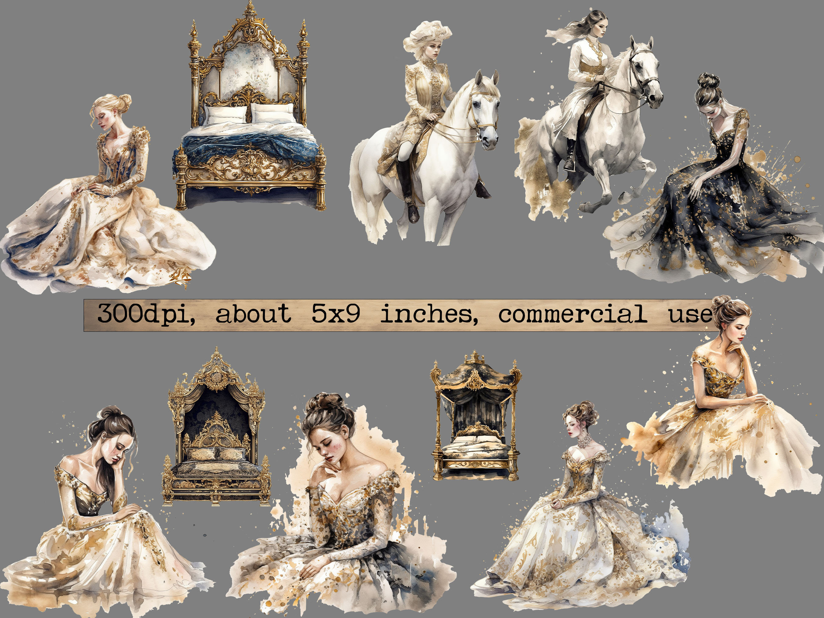 Gloomy Golden Princess Clipart Watercolor Clipart, Vintage Lady PNG ...
