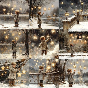 JPEG Little Boy and Shiny Stars Illustrations Watercolor Fantasy Winter ...