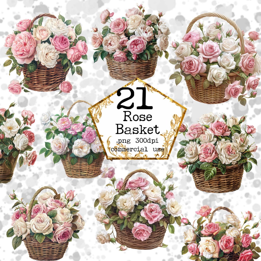 PNG Watercolor Roses Baskets Clipart Bundle Spring Clipart Watercolor ...