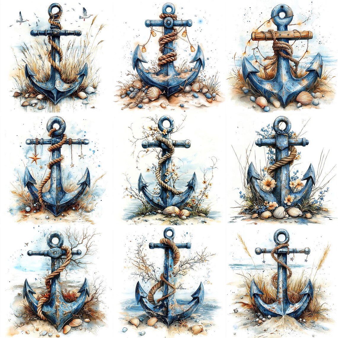 JPEG Watercolor Anchor Clipart Bundle Nautical Clipart Summer Beach ...