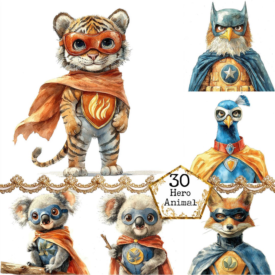 JPEG Watercolor Superhero Clipart Bundle Giraffe Tiger Faun Fox ...