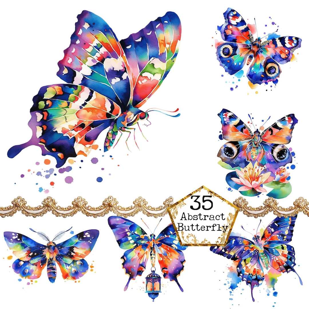 Watercolor Abstract Butterfly Clipart Bundle Transparent Background ...