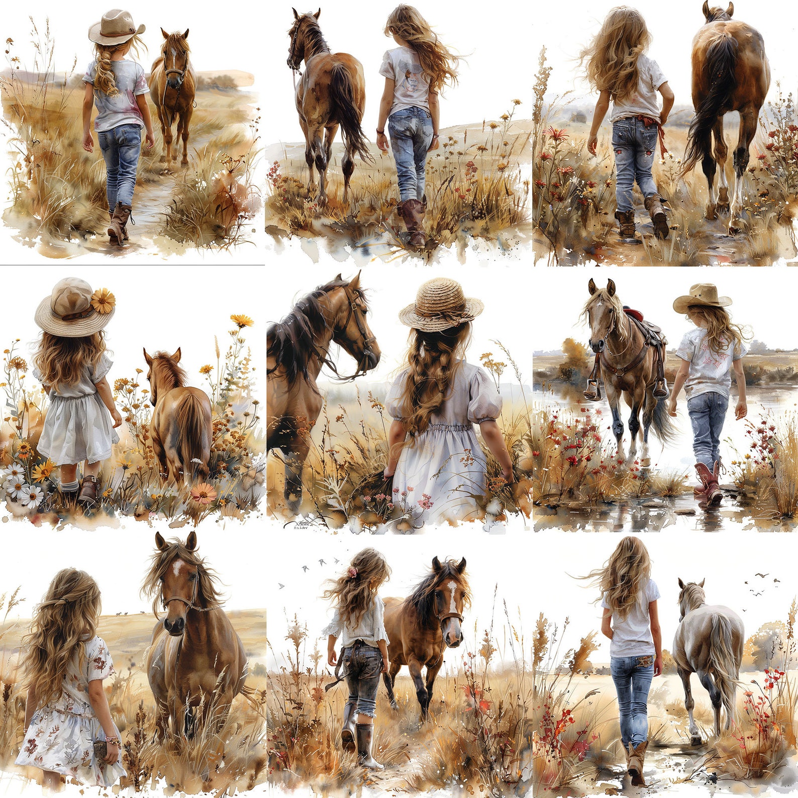 Watercolor Girl and Horse on a Field JPEG Nature Clipart Cowboy Boots ...