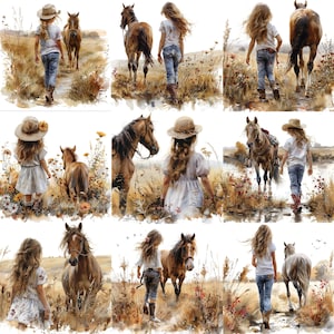 Watercolor Girl and Horse on a Field JPEG Nature Clipart Cowboy Boots ...