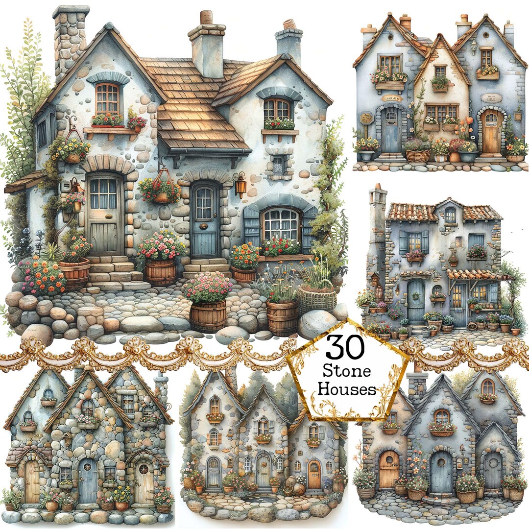 JPEG Watercolor Stone Row Houses Clipart Clipart Bundle Vintage House ...