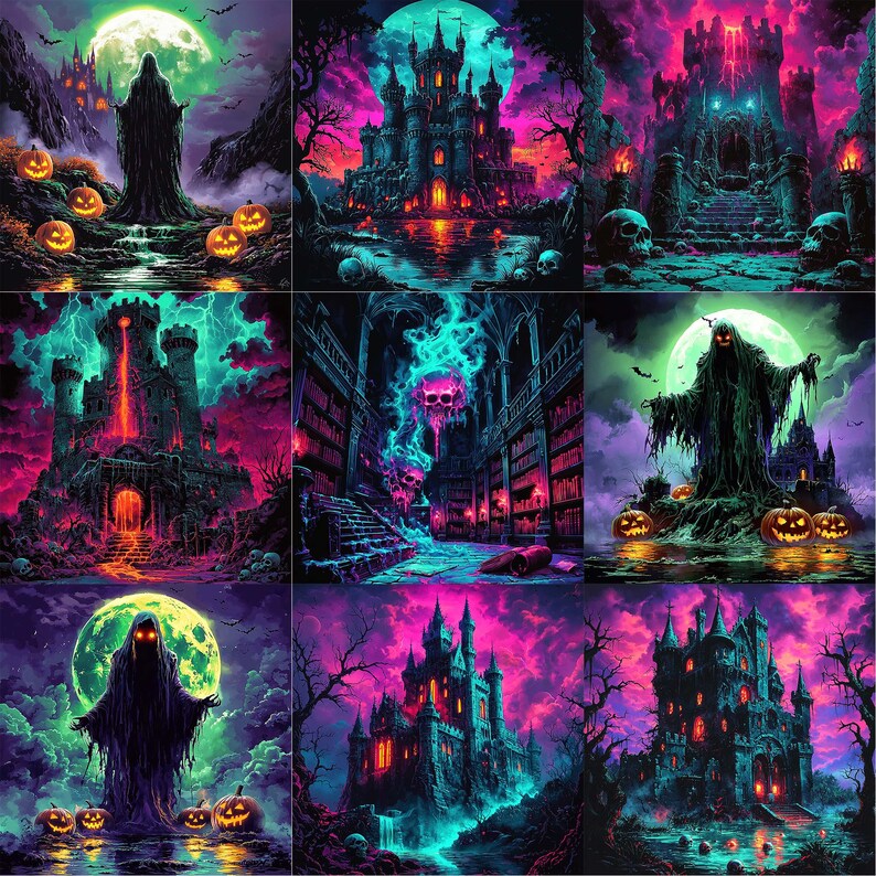 JPEG Electric Vibrant Haunted Castle Illustration Halloween Art ...