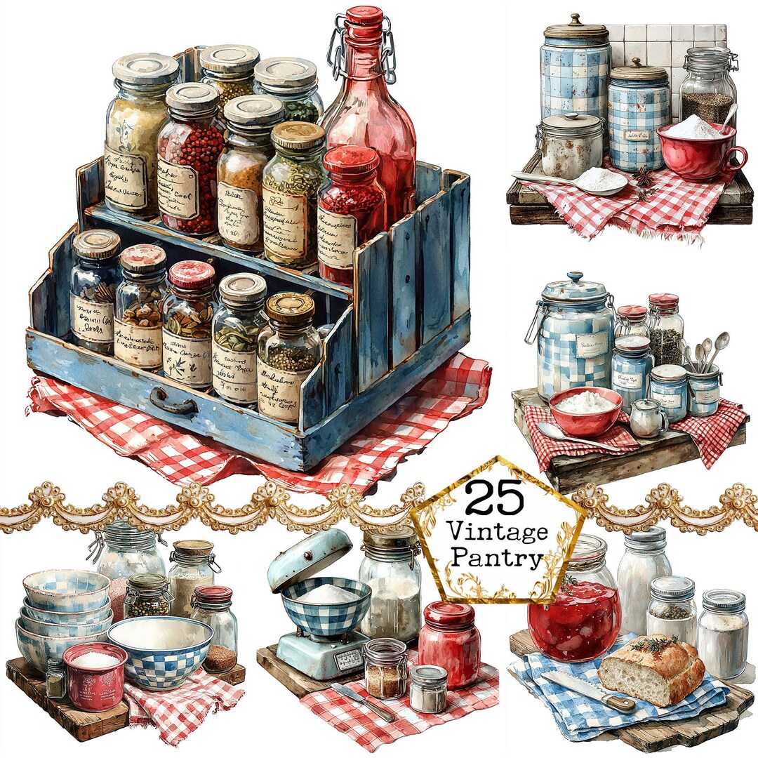 JPEG Vintage Pantry Granma's Rustic Checkered Jars and Tins Clipart ...