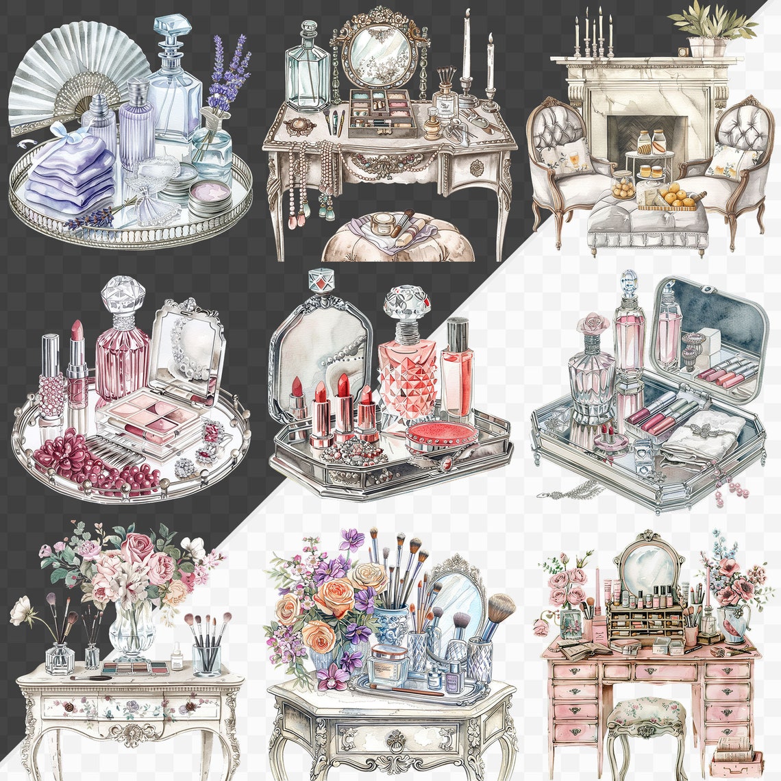 Watercolor Budoir Clipart Bundle Vintage Ladies Room PNG Antique ...