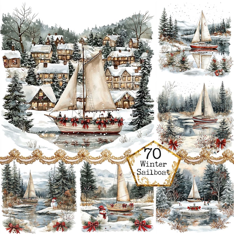 JPEG Christmas Sailing Boat Clipart Bundle Christmas Village Harbor ...