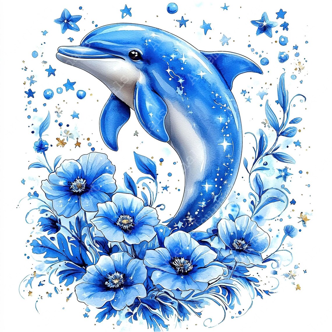 JPEG Watercolor Dolphin Clipart Bundle Floral Dolphin Clipart Sea Life ...