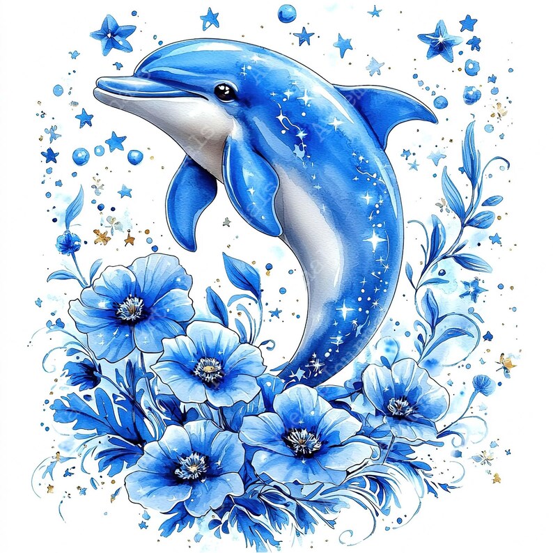 JPEG Watercolor Dolphin Clipart Bundle Floral Dolphin Clipart Sea Life ...