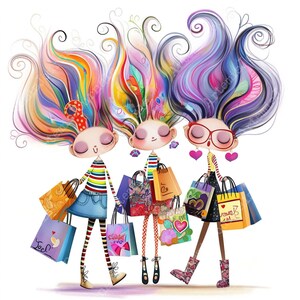 JPG Watercolor Retro Quirky Shopping Girls Clipart Bundle Whimsical ...