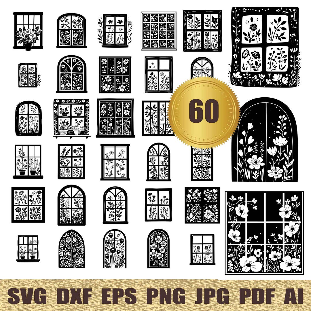 60 Floral Window Svg, Dxf, Eps, Ai, Pdf, Jpg, Png Window Silhouettes ...