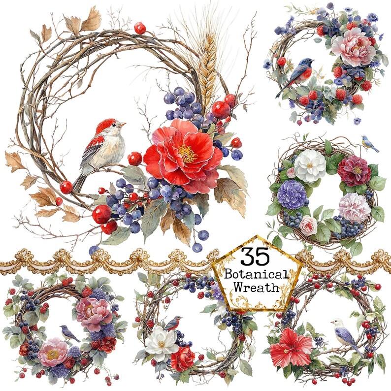 PNG + JPEG Watercolor Bird Wreath Clipart Bundle Spring Clipart Floral ...