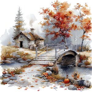 Watercolor Autumn Bridge Clipart Bundle JPEG Landscape Scenery Autumn ...