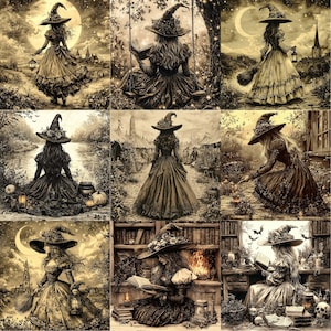 JPEG Vintage Witchy Backgrounds Lithograph Papers Monochromatic Witch ...