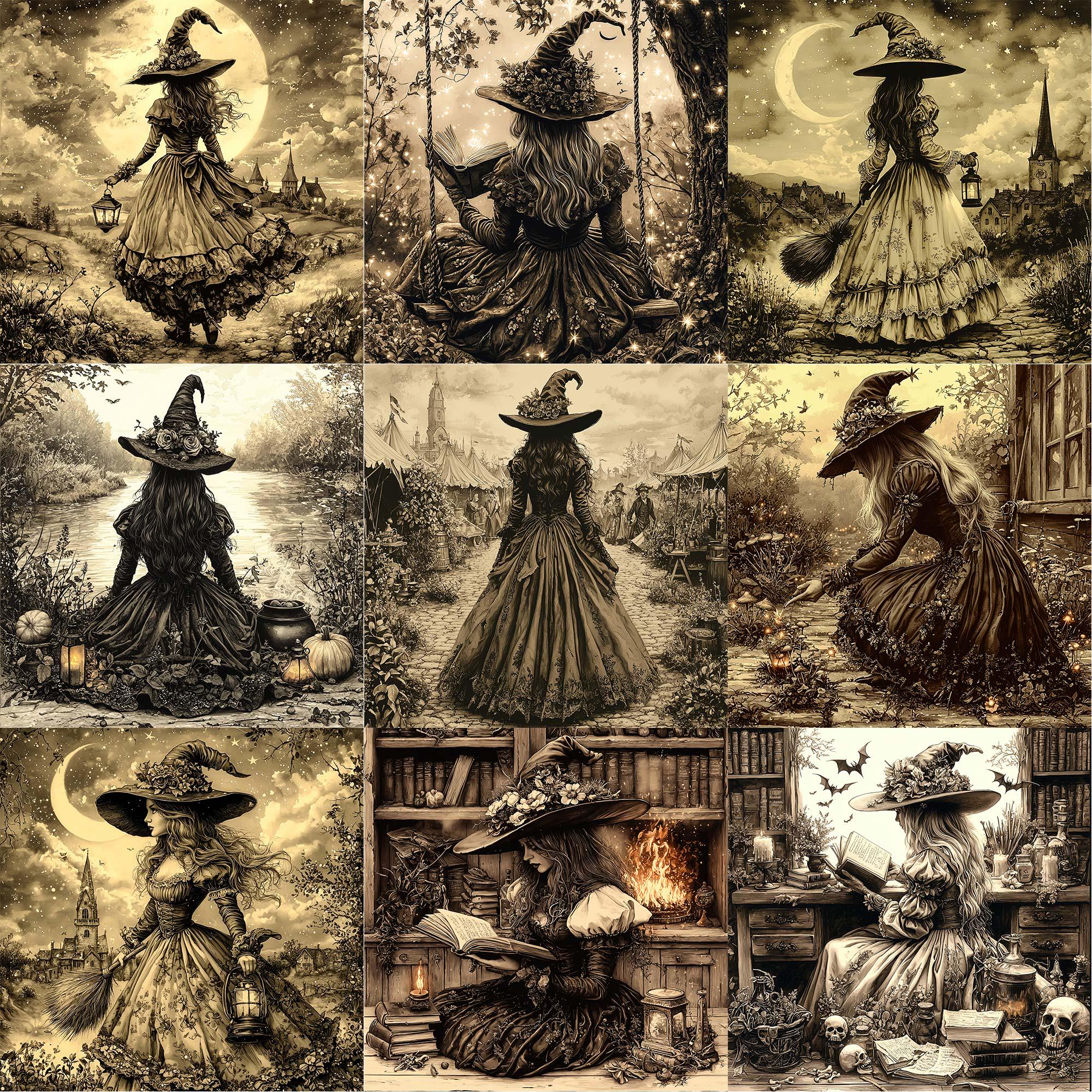 JPEG Vintage Witchy Backgrounds Lithograph Papers Monochromatic Witch ...