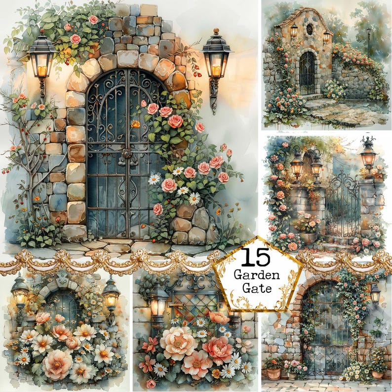 JPEG Watercolor Old Garden Gate Clipart Bundle Garden Door Stone Wall ...