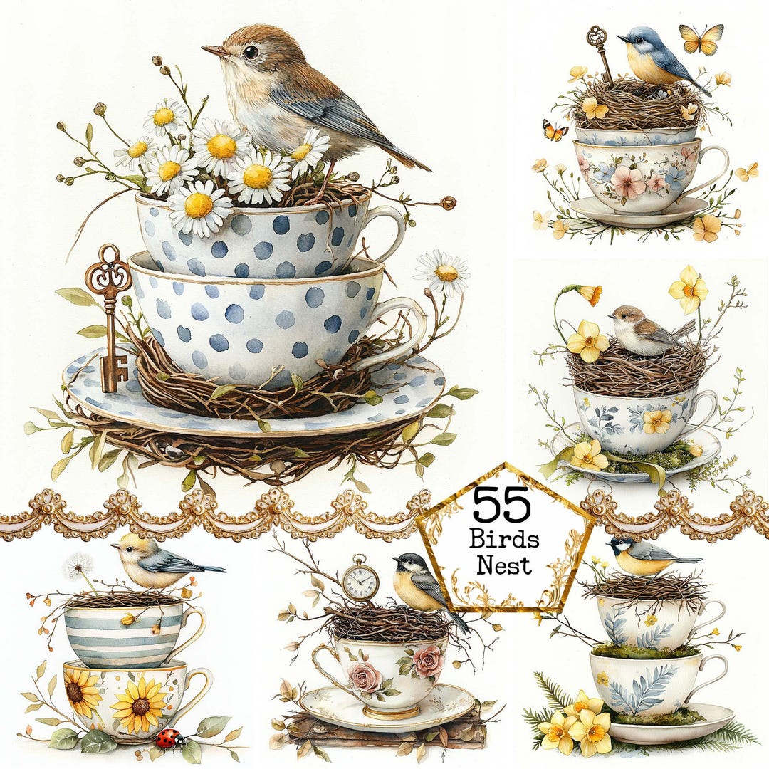 JPEG Watercolor Spring Teacup With Bird Nests Clipart Bundle Spring ...