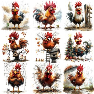 JPEG Super Weird Watercolor Rooster Clipart Bundle Whimsical Rooster ...