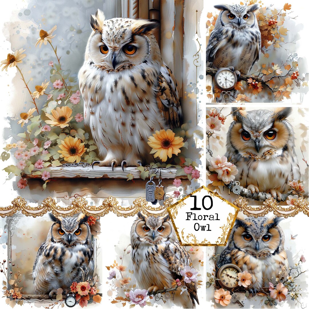 JPEG Shabby Chic Floral Owl Clipart Bundle JPEG Bird Clipart Key and ...