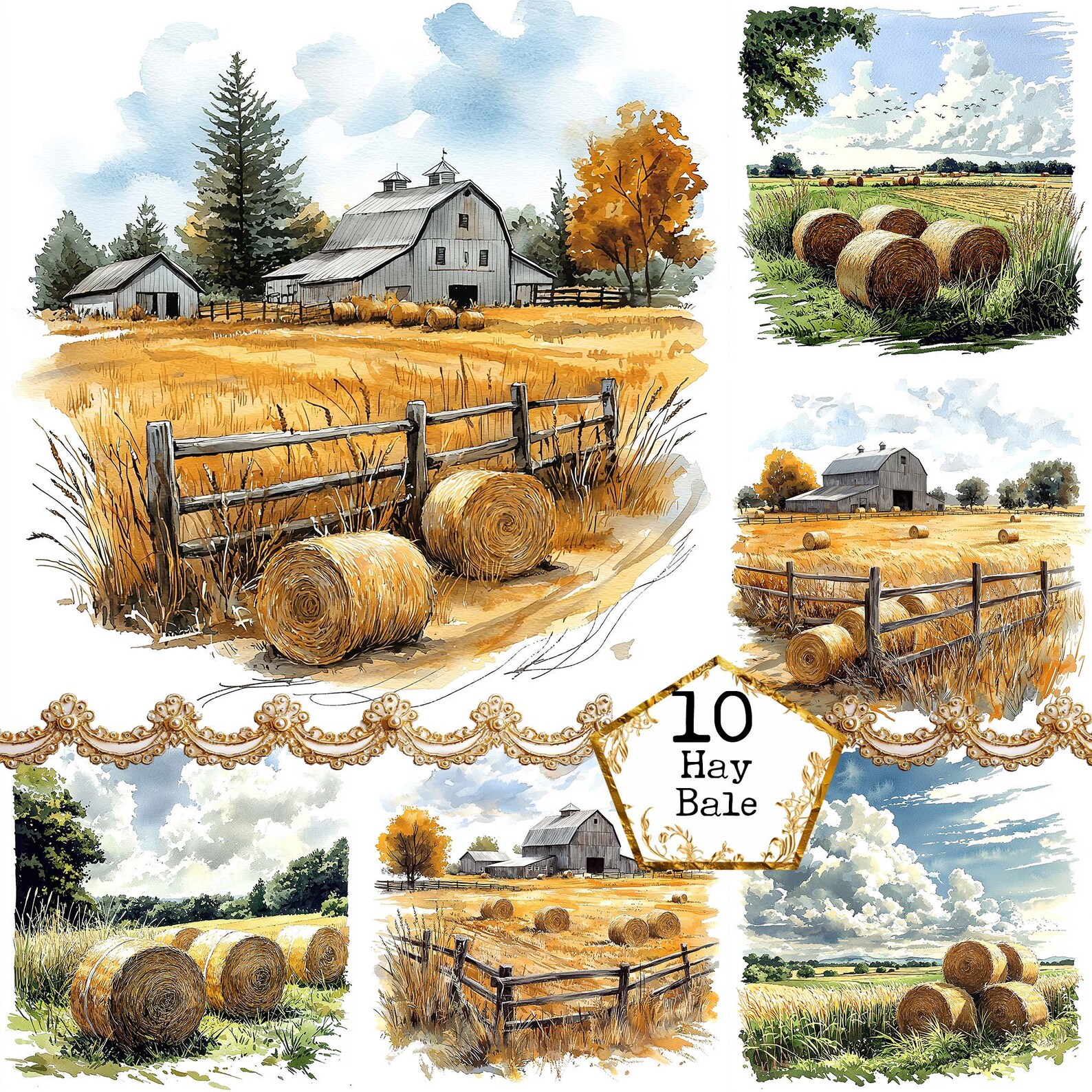 JPEG Watercolor Hay Bale Clipart Bundle Rustic Farm Field Clipart ...
