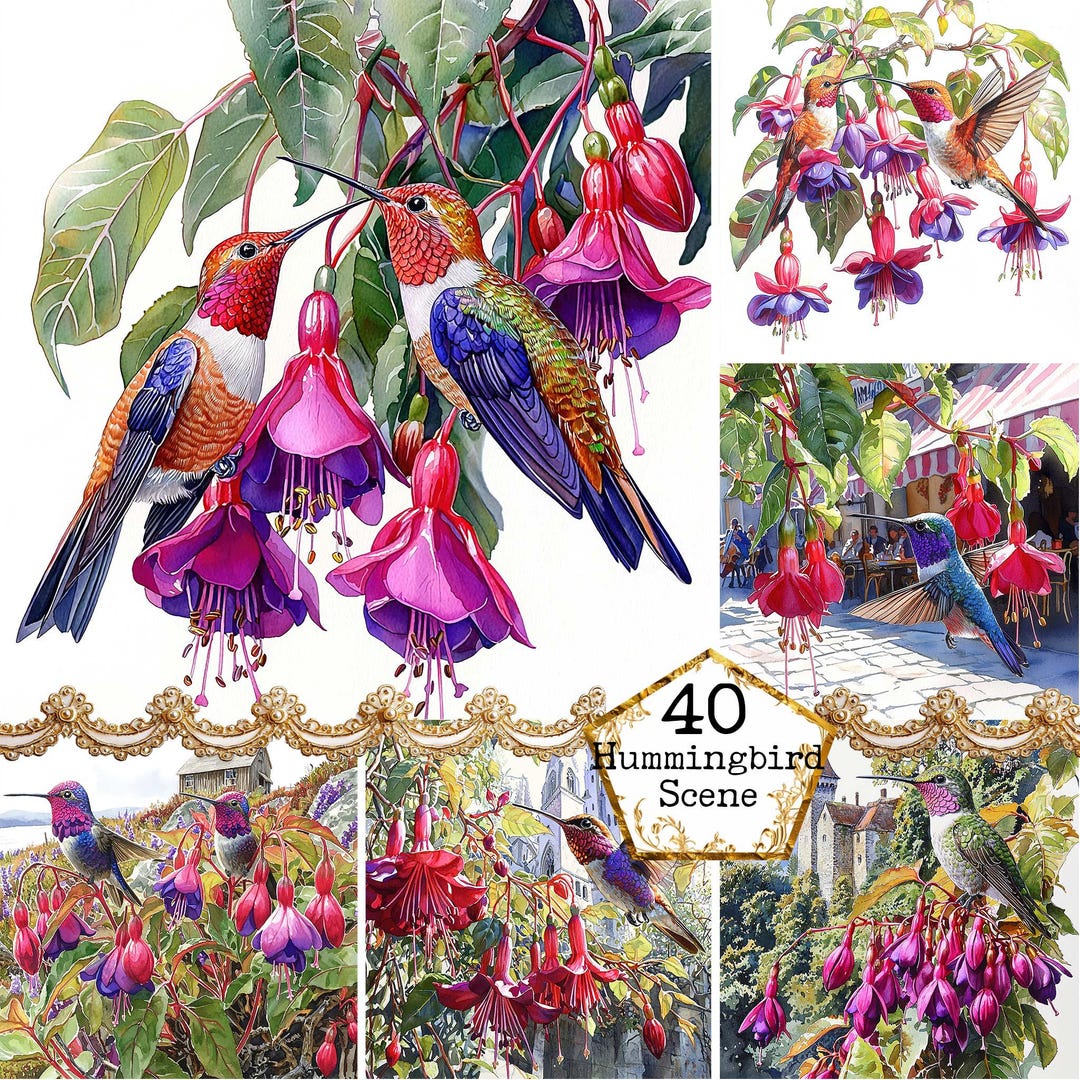 JPEG Watercolor Hummingbird and Flowers Clipart Bundle Spring Flowers ...